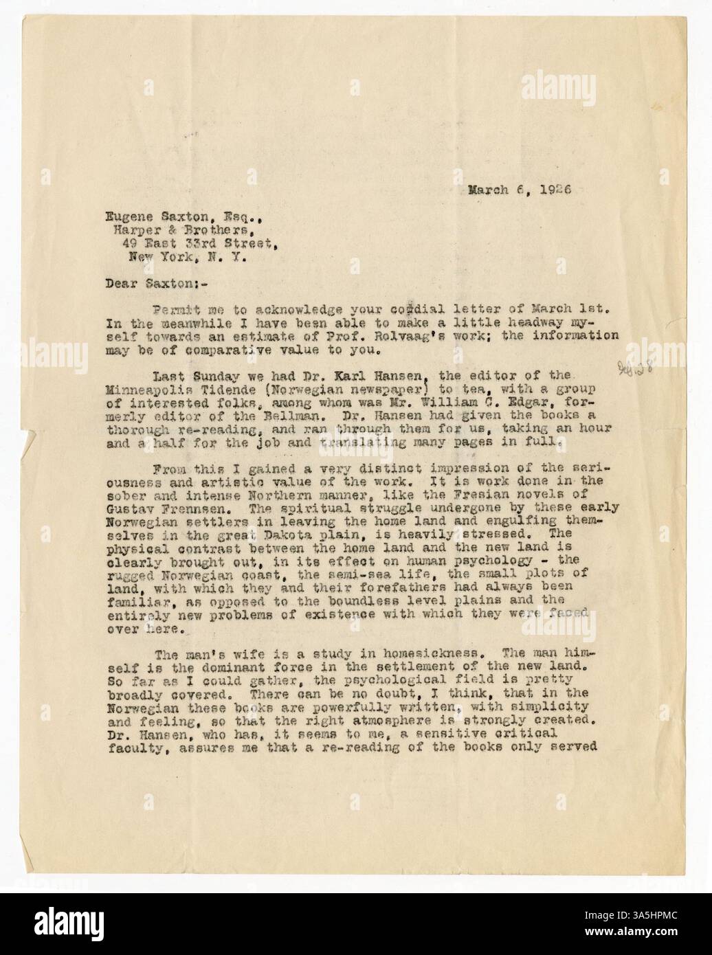 Letter dated March 6, 1926, from Lincoln Colcord to Eugene Saxton ...
