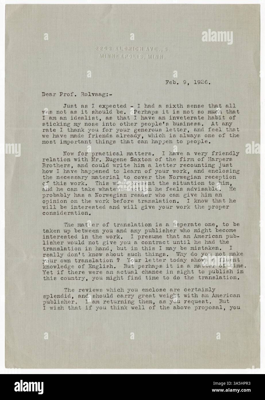 In this letter, dated February 9, 1926, Lincoln Colcord writes to Ole ...