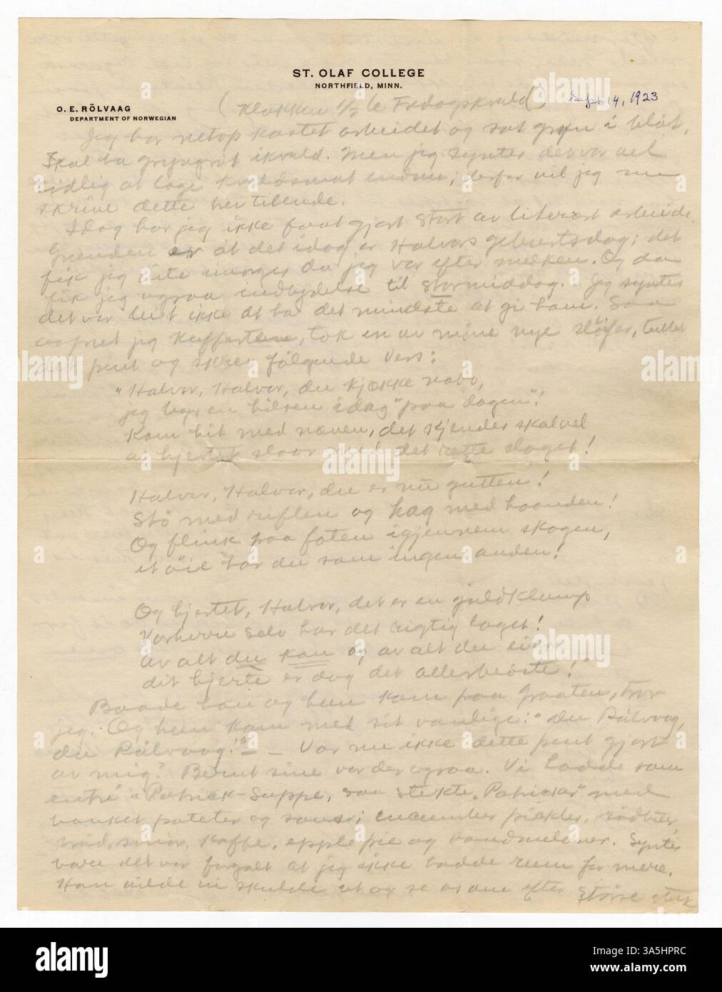 This letter from Ole Rølvaag to Jennie Rølvaag, dated September 14 ...