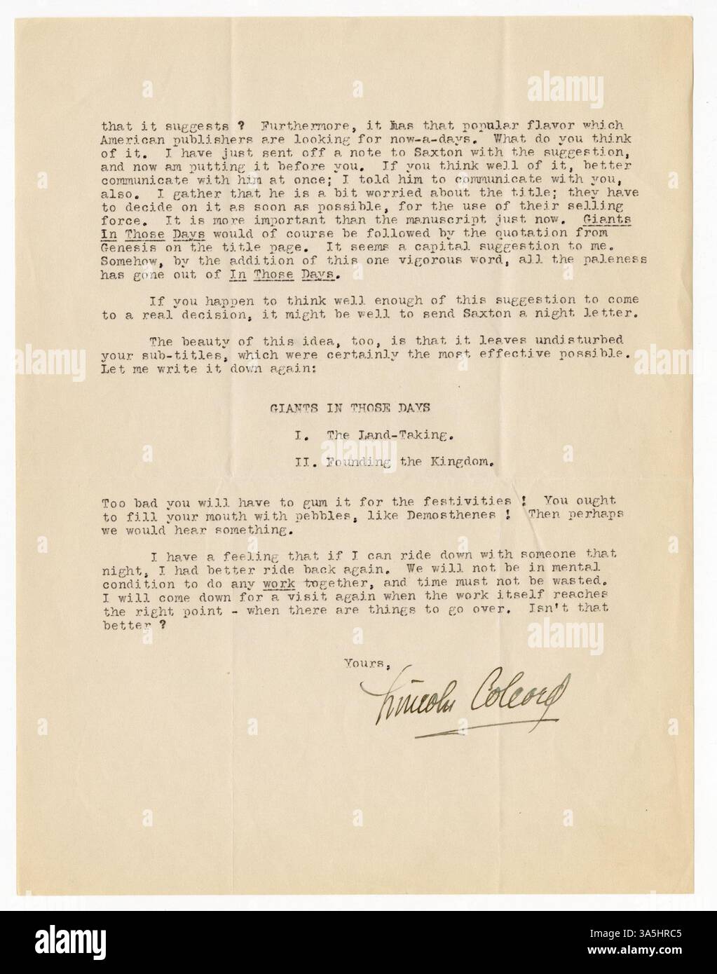 A letter from Lincoln Colcord to Ole Rølvaag discussing the 'great ...
