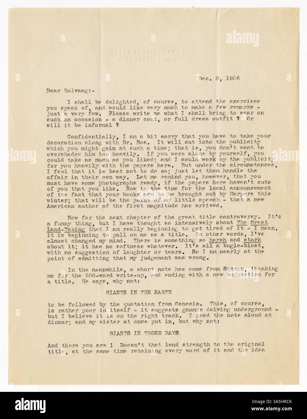 A letter from Lincoln Colcord to Ole Rølvaag on December 8, 1926 ...