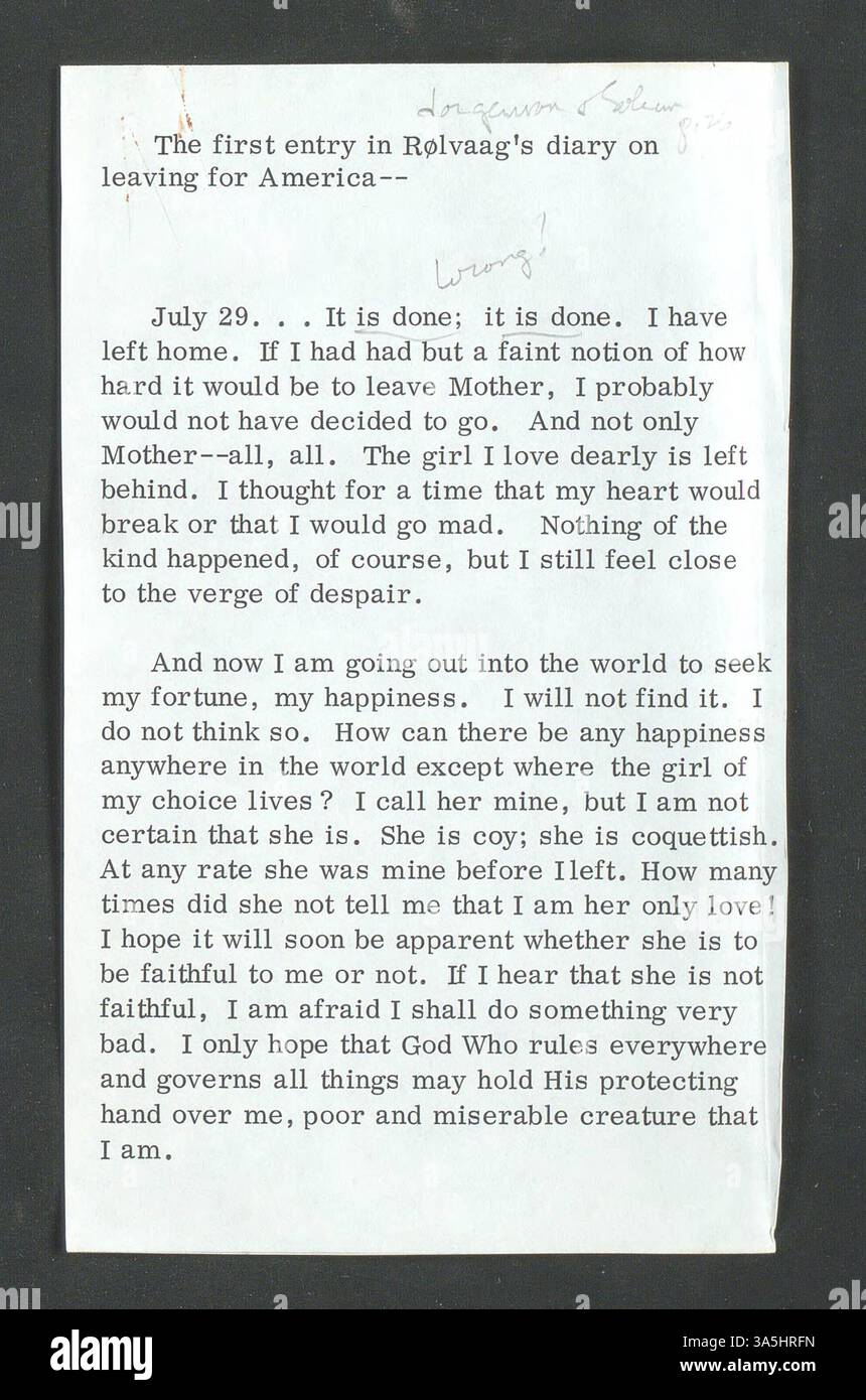 Diary written by Ole E. Rølvaag in 1896, documenting his journey from ...