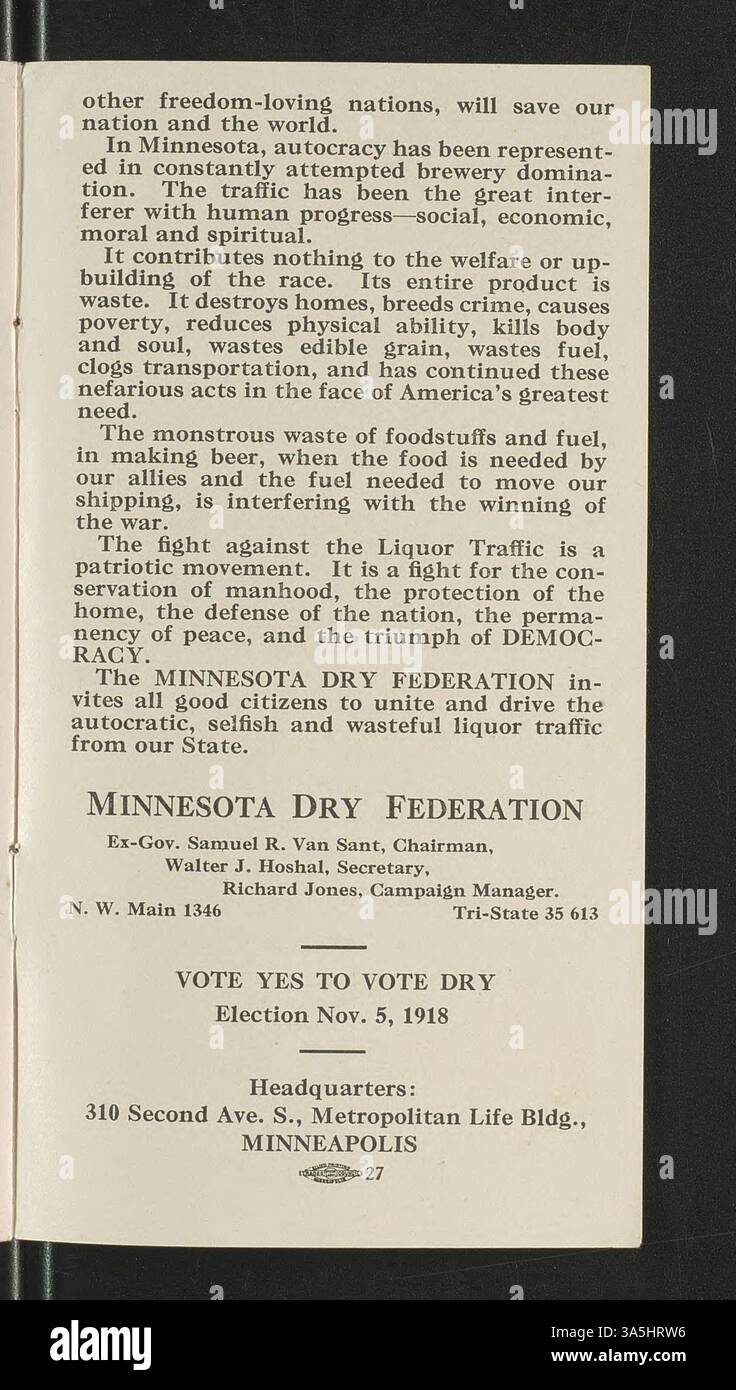 This pamphlet outlines the Minnesota Dry Federation's formation and its ...