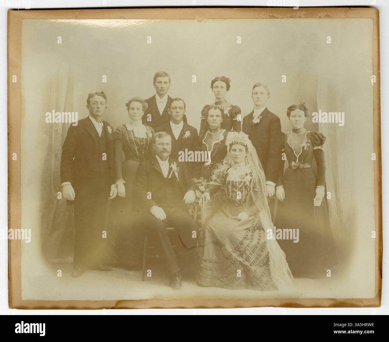 Formal portrait of Severt and Anna Eidem’s wedding party, taken in Elk ...