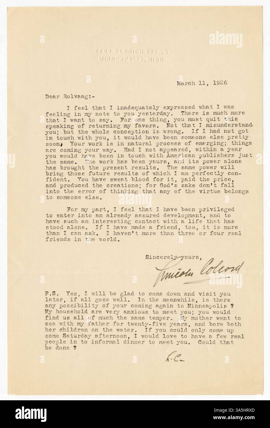 A letter from Lincoln Colcord to Ole E. Rølvaag, dated March 11, 1926 ...