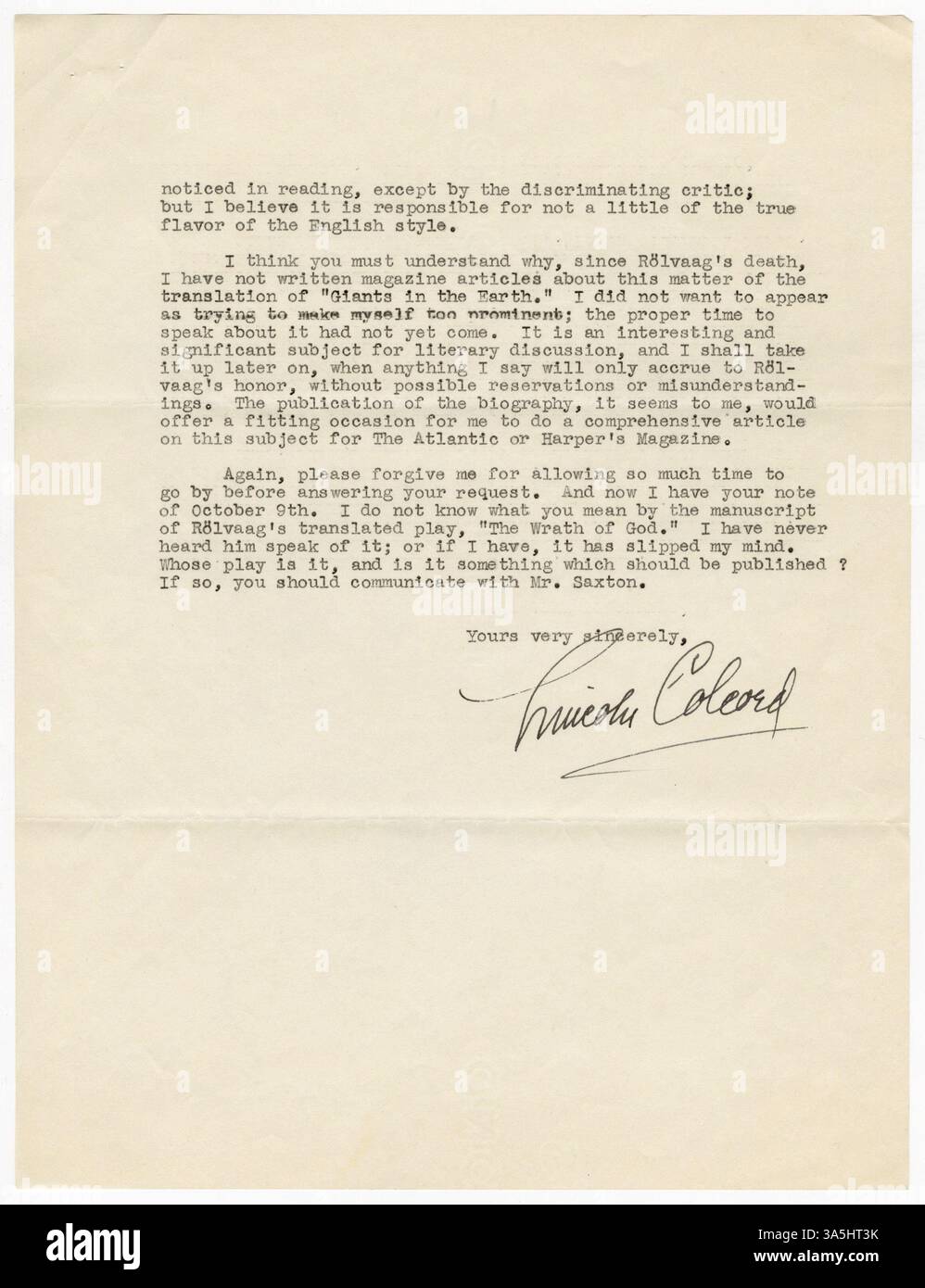 Lincoln Colcord's 1937 letter to Nora Solum discusses reaching out to ...