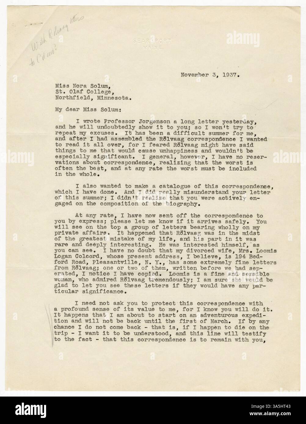 This letter, written by Lincoln Colcord to Nora Solum in 1937 ...