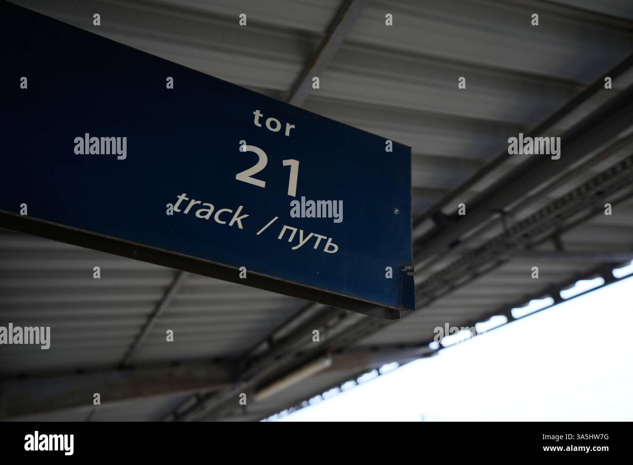 A sing in both Polish and Ukrainian language is seen at a train station ...