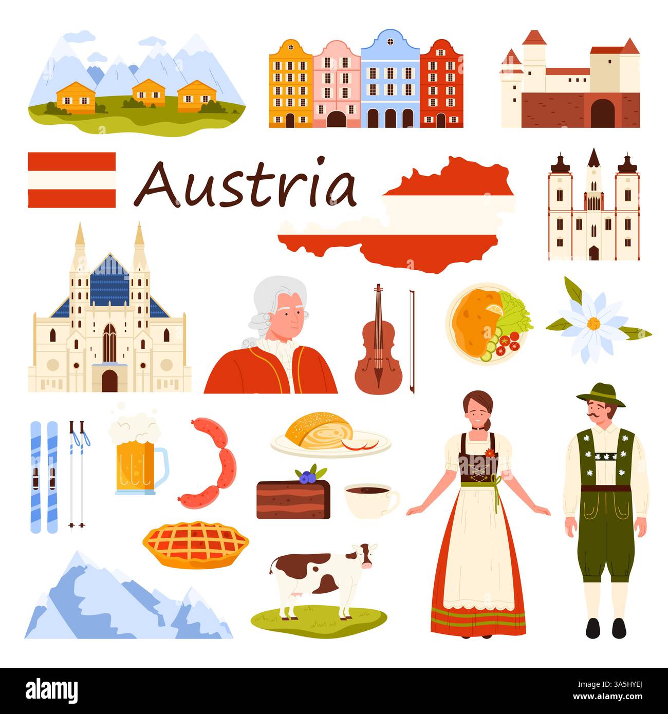 Culture elements and nature landscape, food of Austria set. Austrian ...