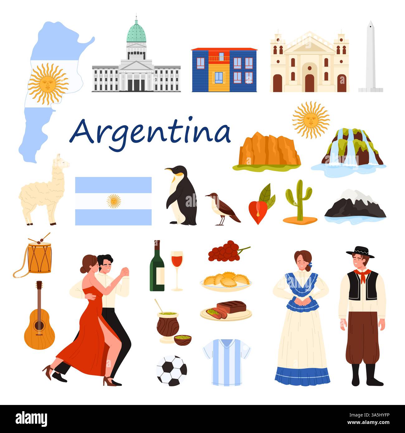 Travel to Argentina set. Historic monuments and culture landmarks ...