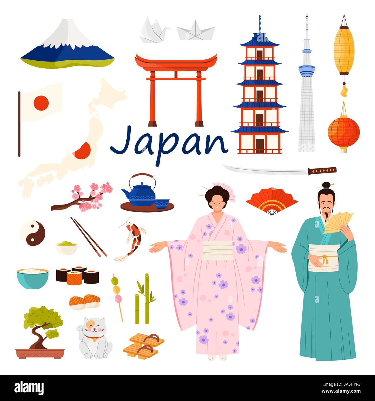 Travel to Japan set of culture elements. Japanese woman and man in ...