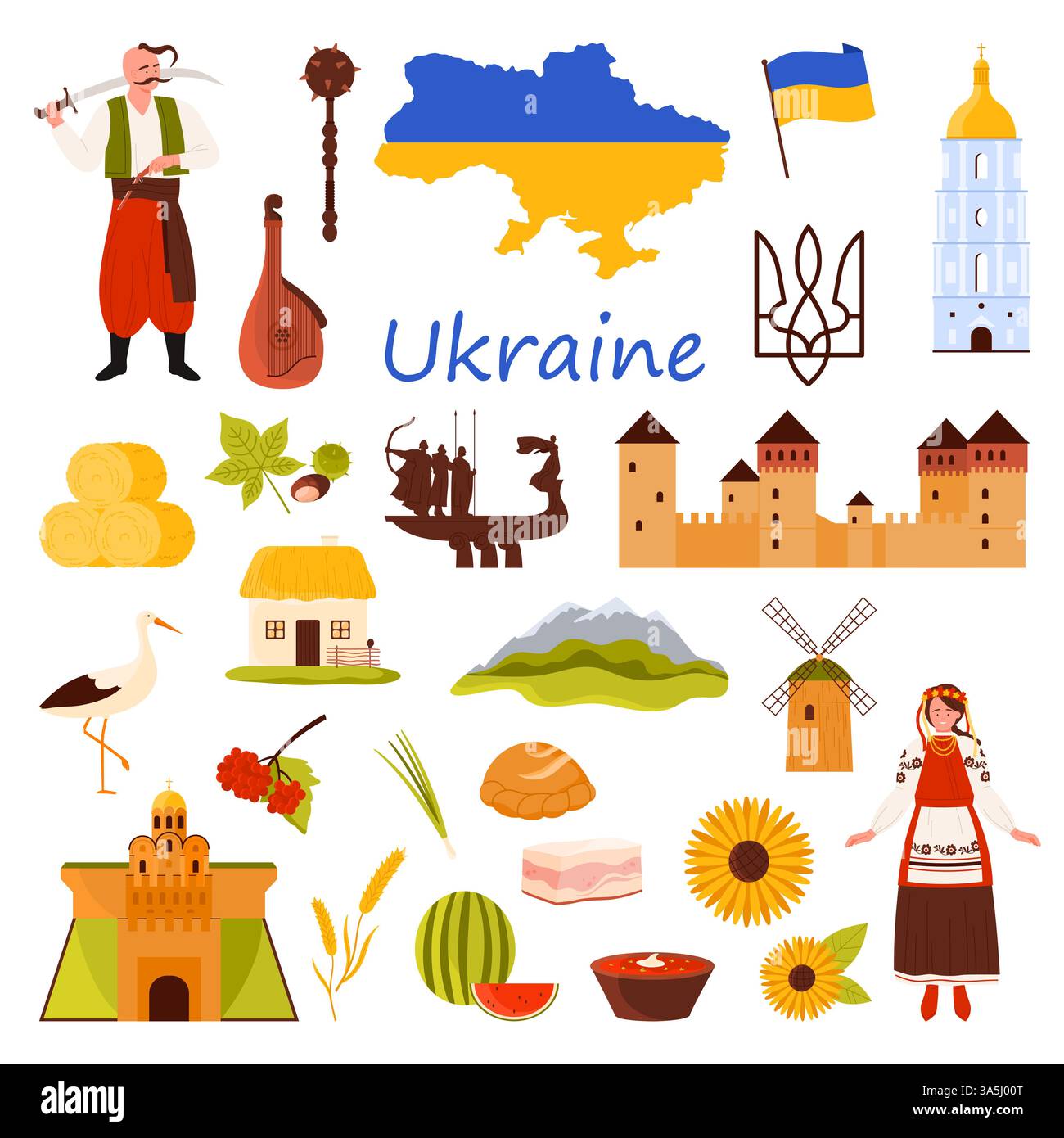 Ukraine set of culture elements, food and famous nature and ...