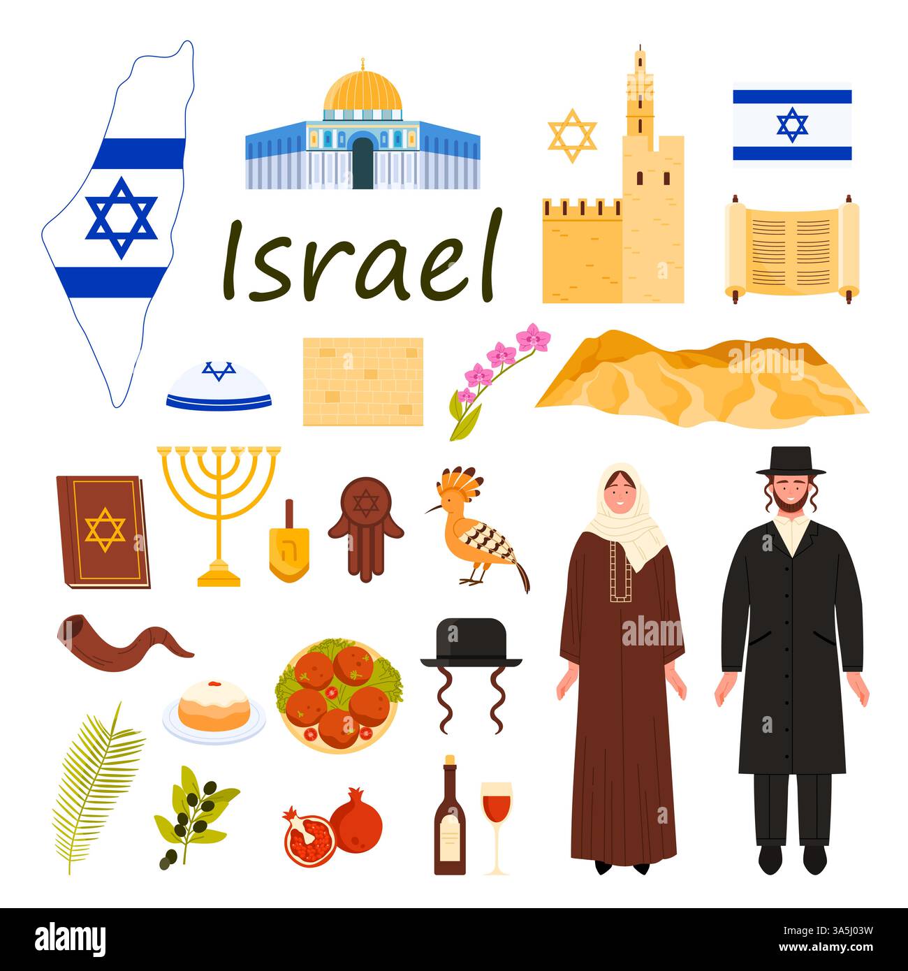 Travel to Israel set. Israeli people in traditional costumes and food ...