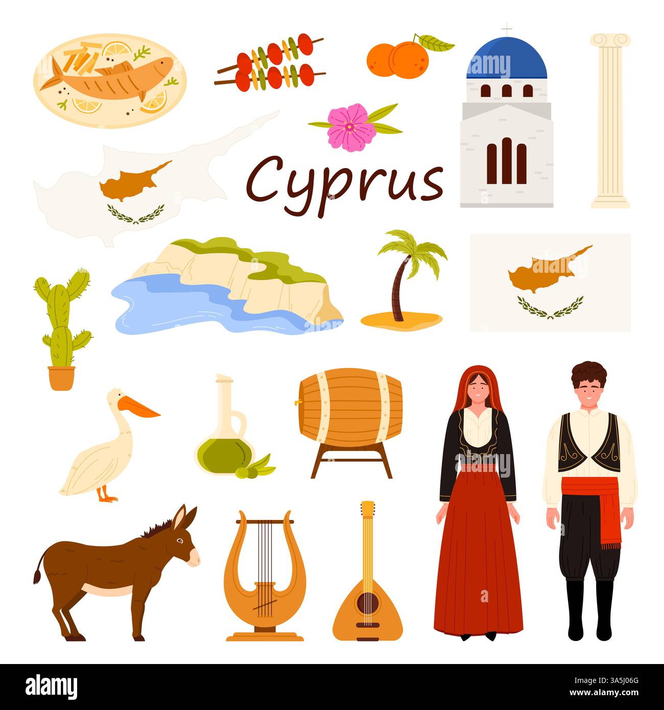 Travel to Cyprus set. Historic Greek monastery monuments and culture ...