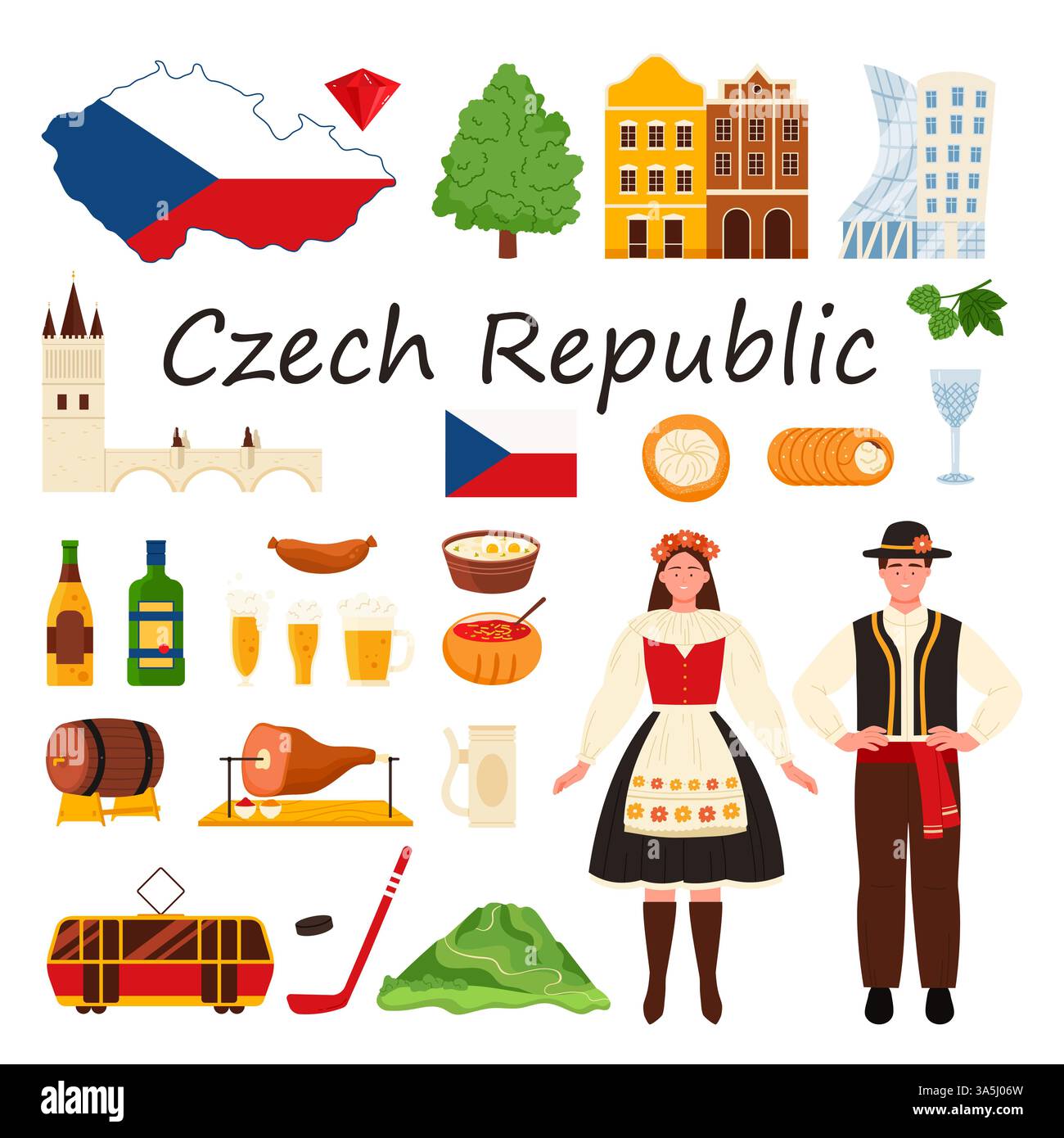 Travel to Czech Republic set, infographic poster with title, stickers ...
