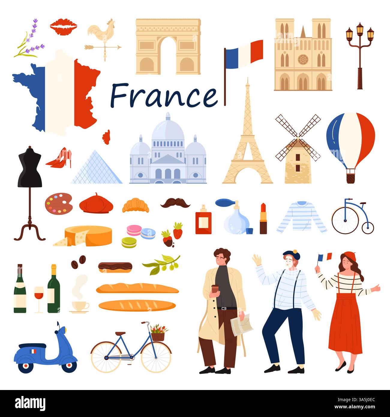 Travel to France set. Frenchman with baguette and wine bottle, mime and ...