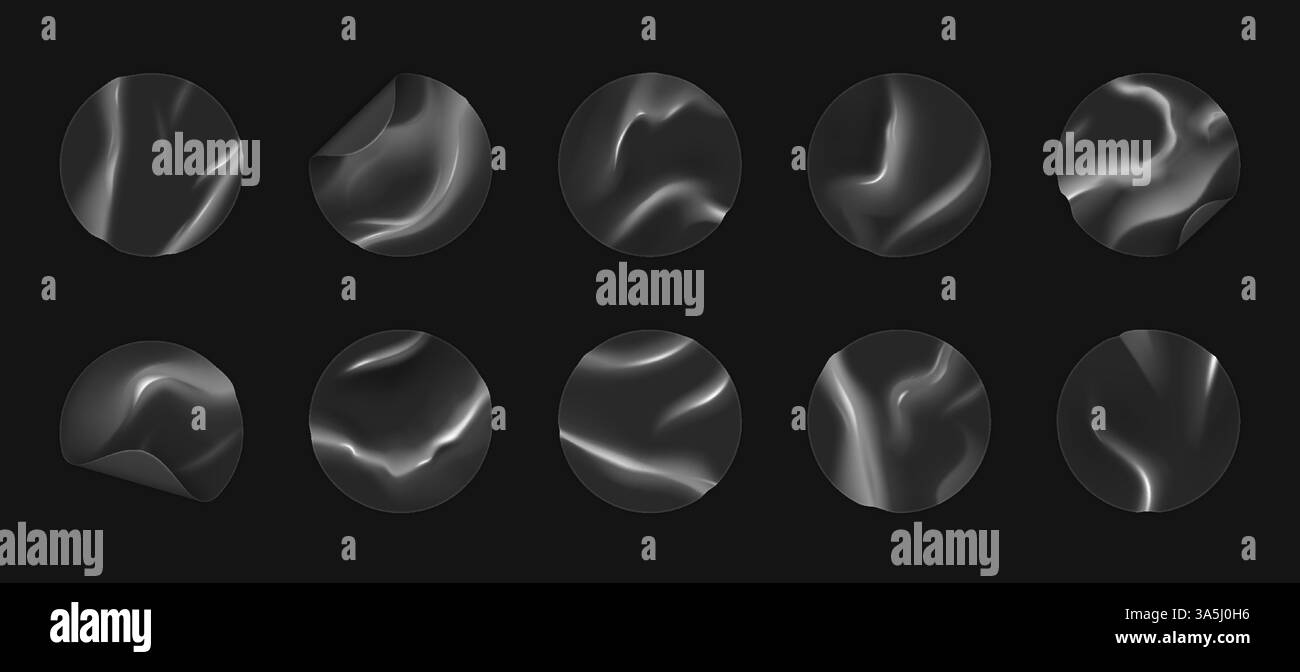 Transparent stickers. Circle plastic round mockup. Glass paper label ...