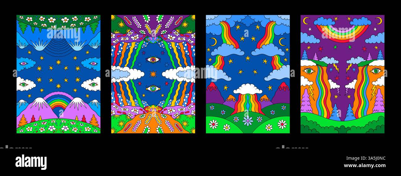 Psychedelic landscape. Retro rainbow. Sky sun and clouds. ISD crazy ...