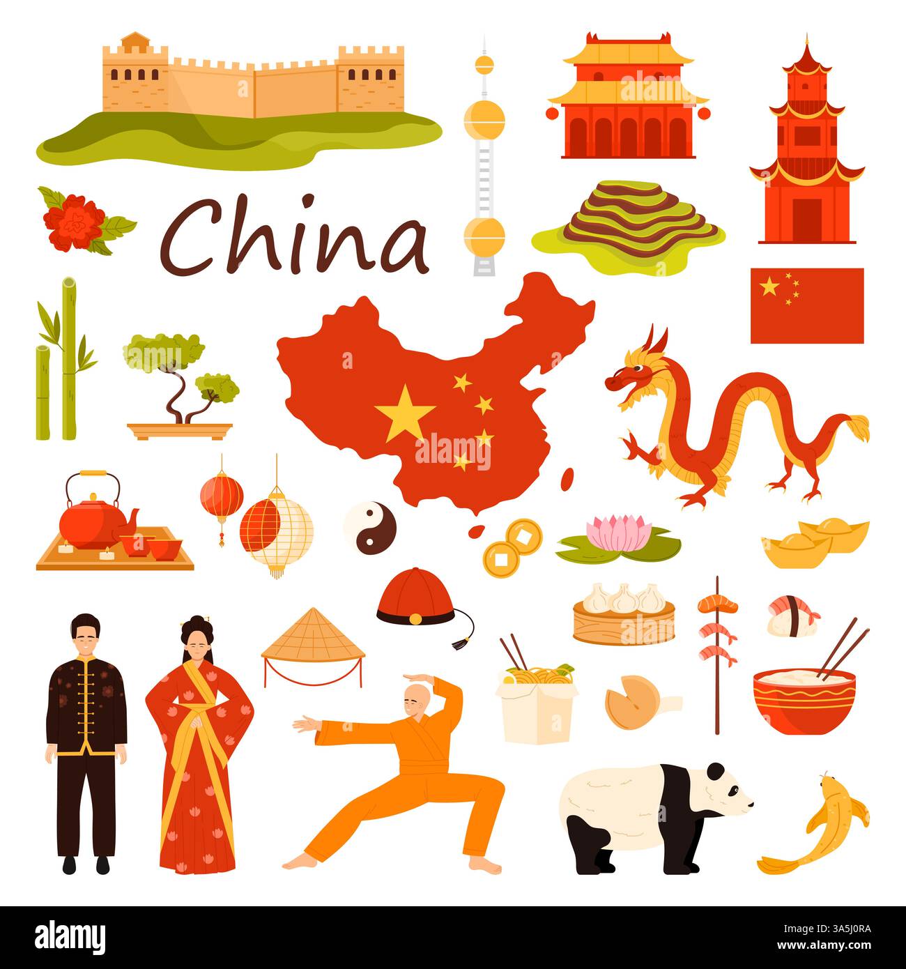 Travel to China set with Chinese culture elements, architecture and ...