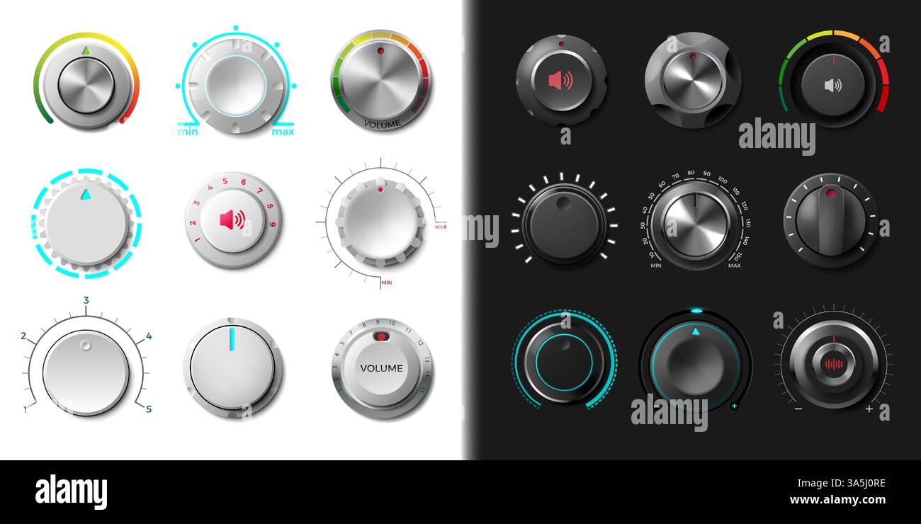 Radio dial. 3D knob buttons. Circle music switch. Round modern rotate ...