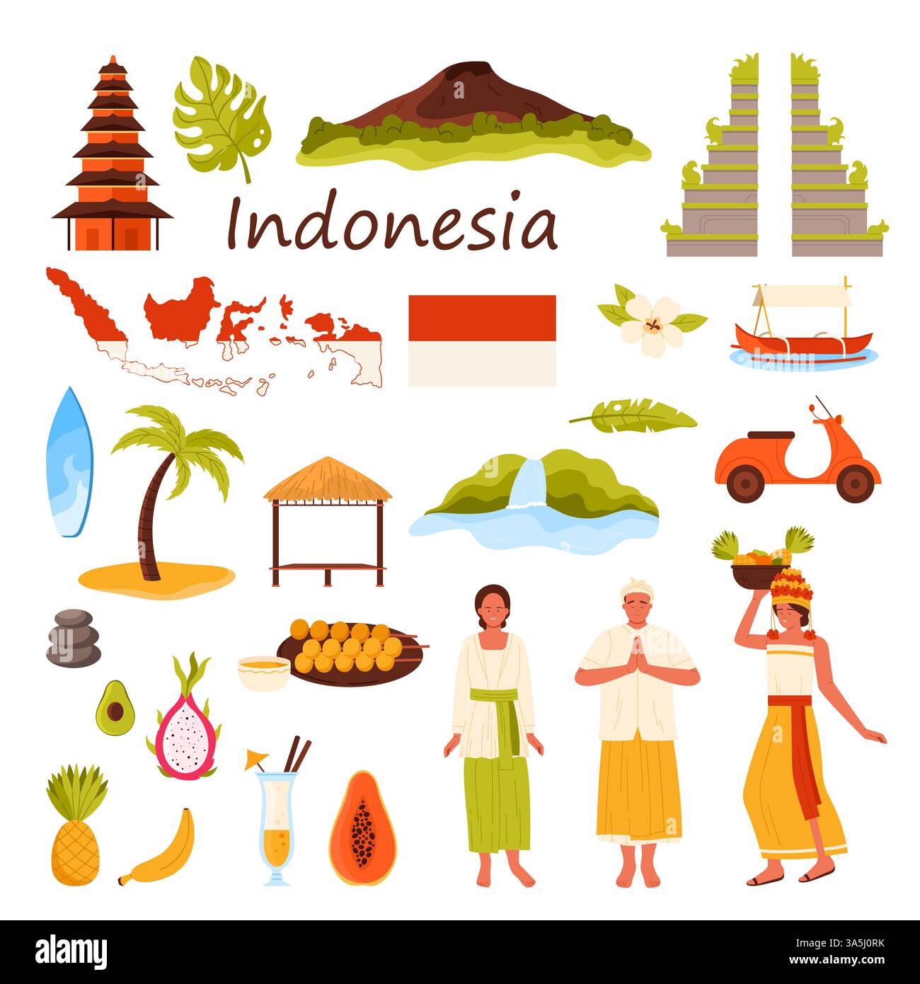 Travel to Indonesia set. Culture elements and islands symbols ...