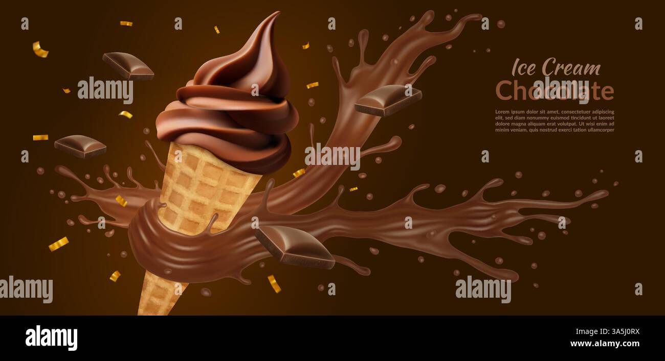 Chocolate ice cream. Choco icecream poster, 3d splash on cone package ...