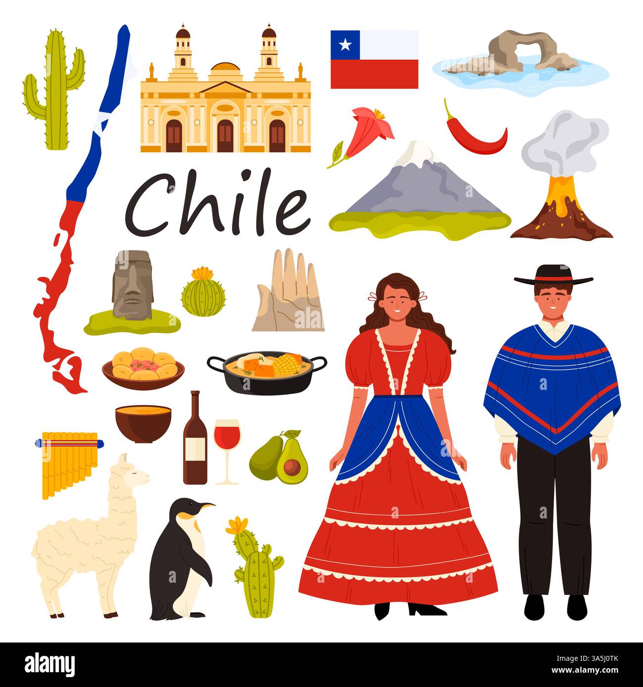 Travel to Chile set. Chilean man and woman in traditional clothes, hat ...