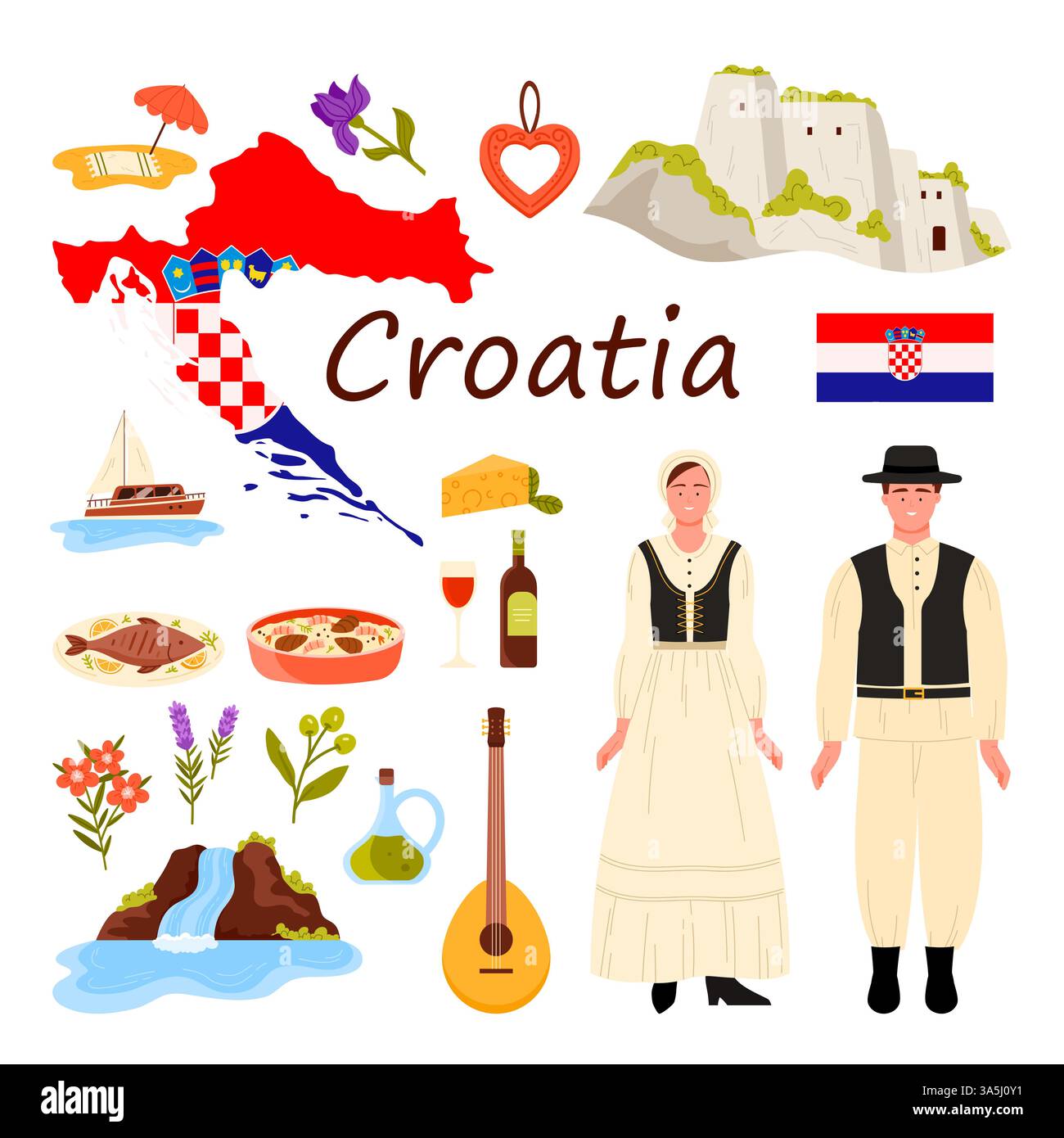 Travel to Croatia set, infographic poster with title, famous culture ...