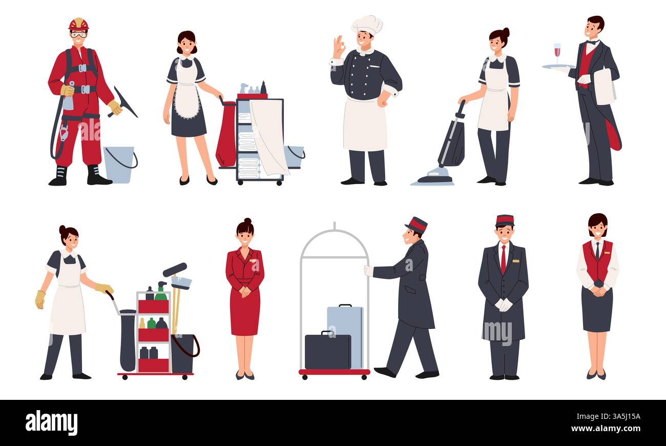 Hospitality staff. Hotel professional workers. Concierge and doorman. Receptionist job service ...