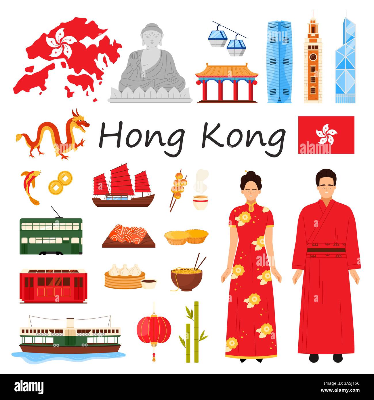 Hong Kong culture elements and people in traditional dress, landmark and street food infographic ...