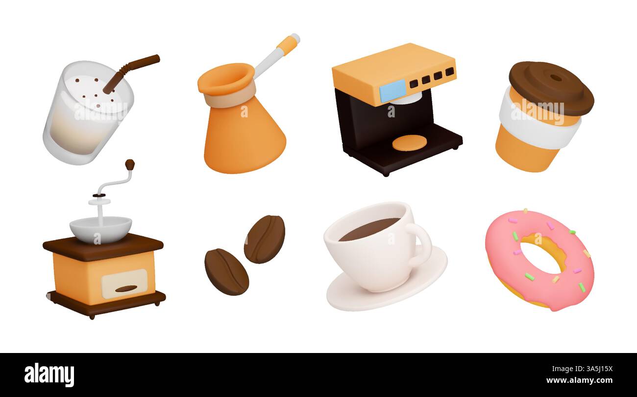 3d coffee. Cafe drink, food realistic characters as latte cup, Turk and ...
