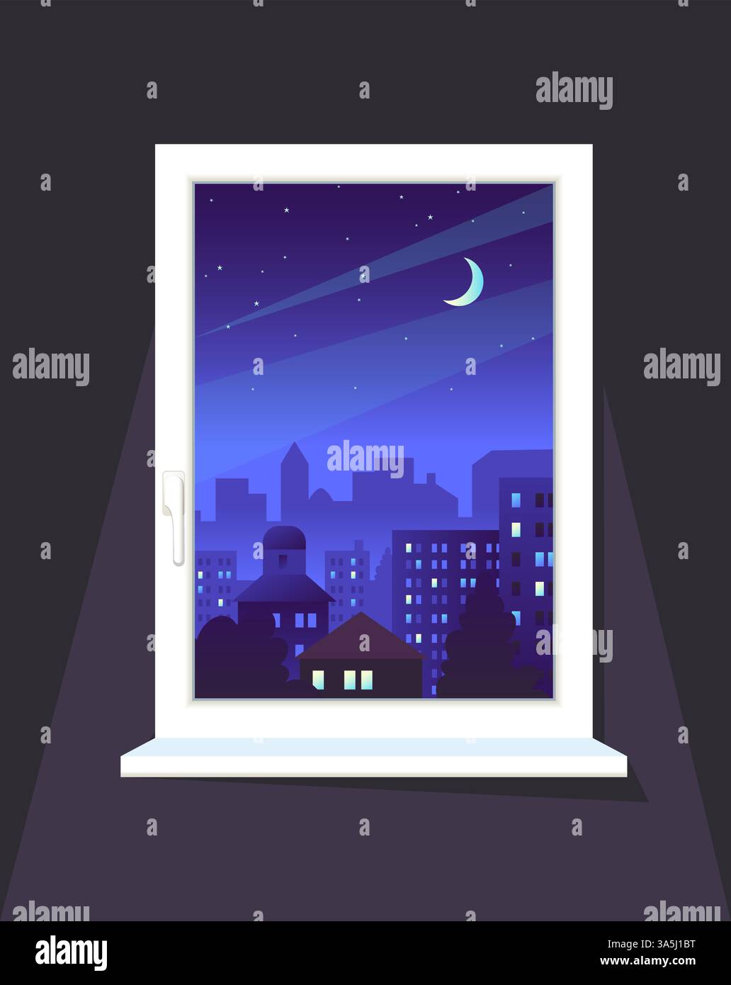 Blind window. City landscape. Evening time. Downtown skyscrapers. Urban ...