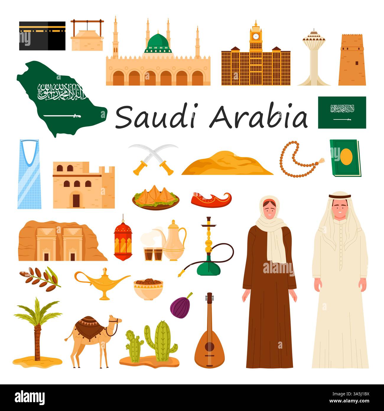 Travel to Saudi Arabia set, infographic poster with stickers of culture ...