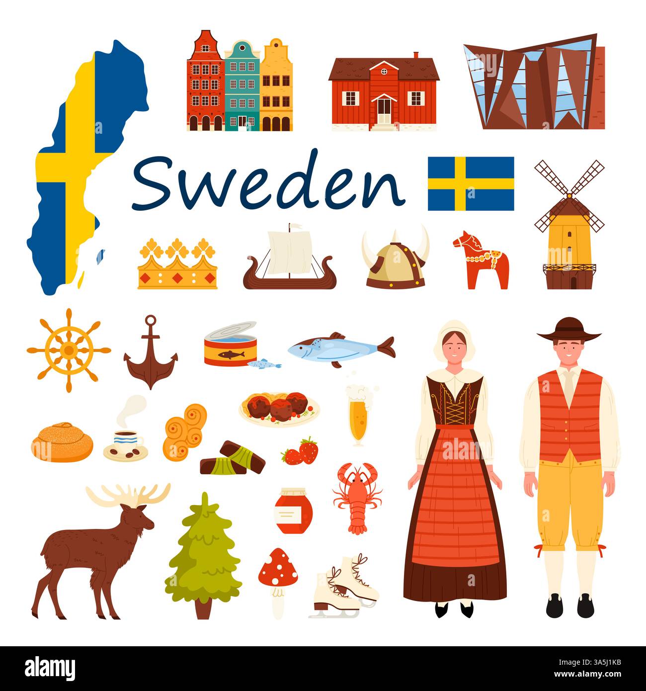 A detailed collection of Swedish cultural icons, traditional food ...