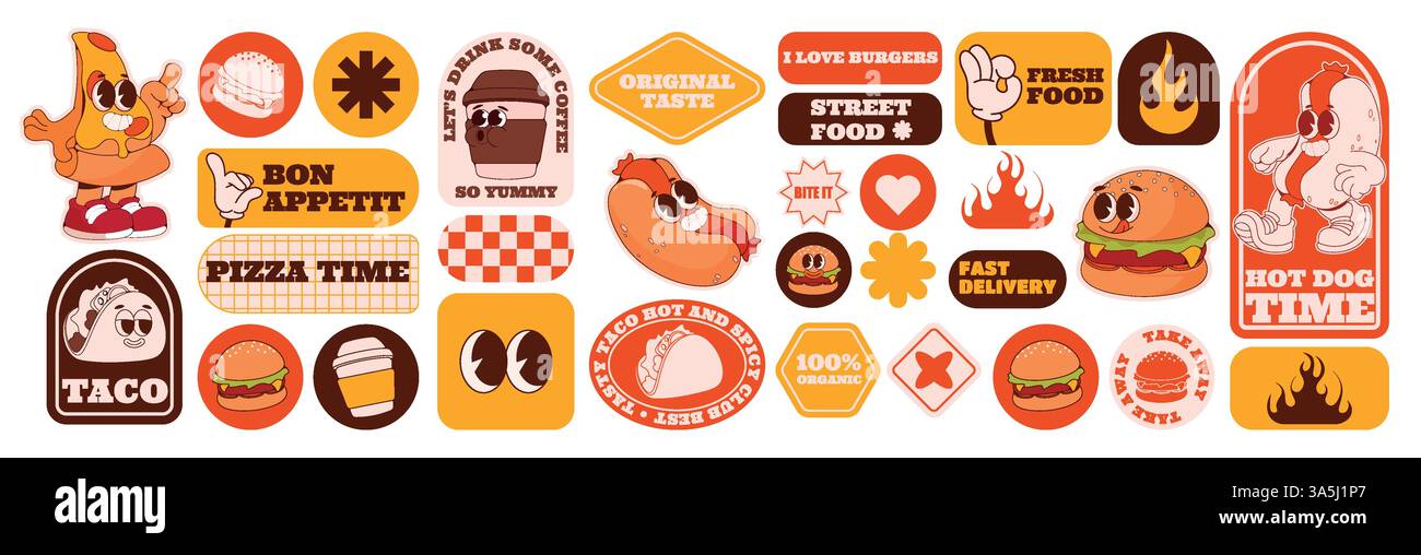 Burger stickers. Retro fast food, coffee and hamburger characters ...