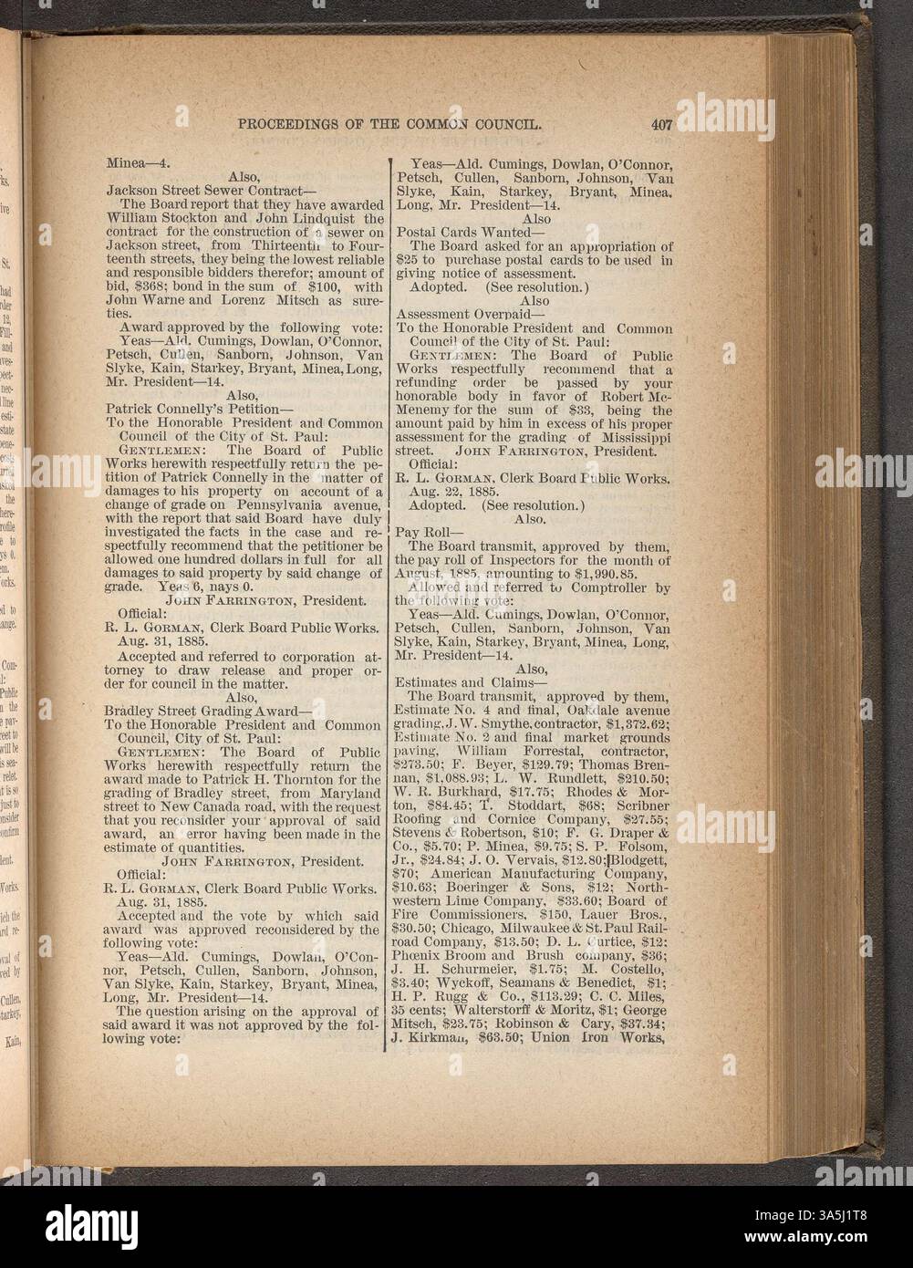 This document from the 1885 Saint Paul City Council offers a record of legislative actions ...