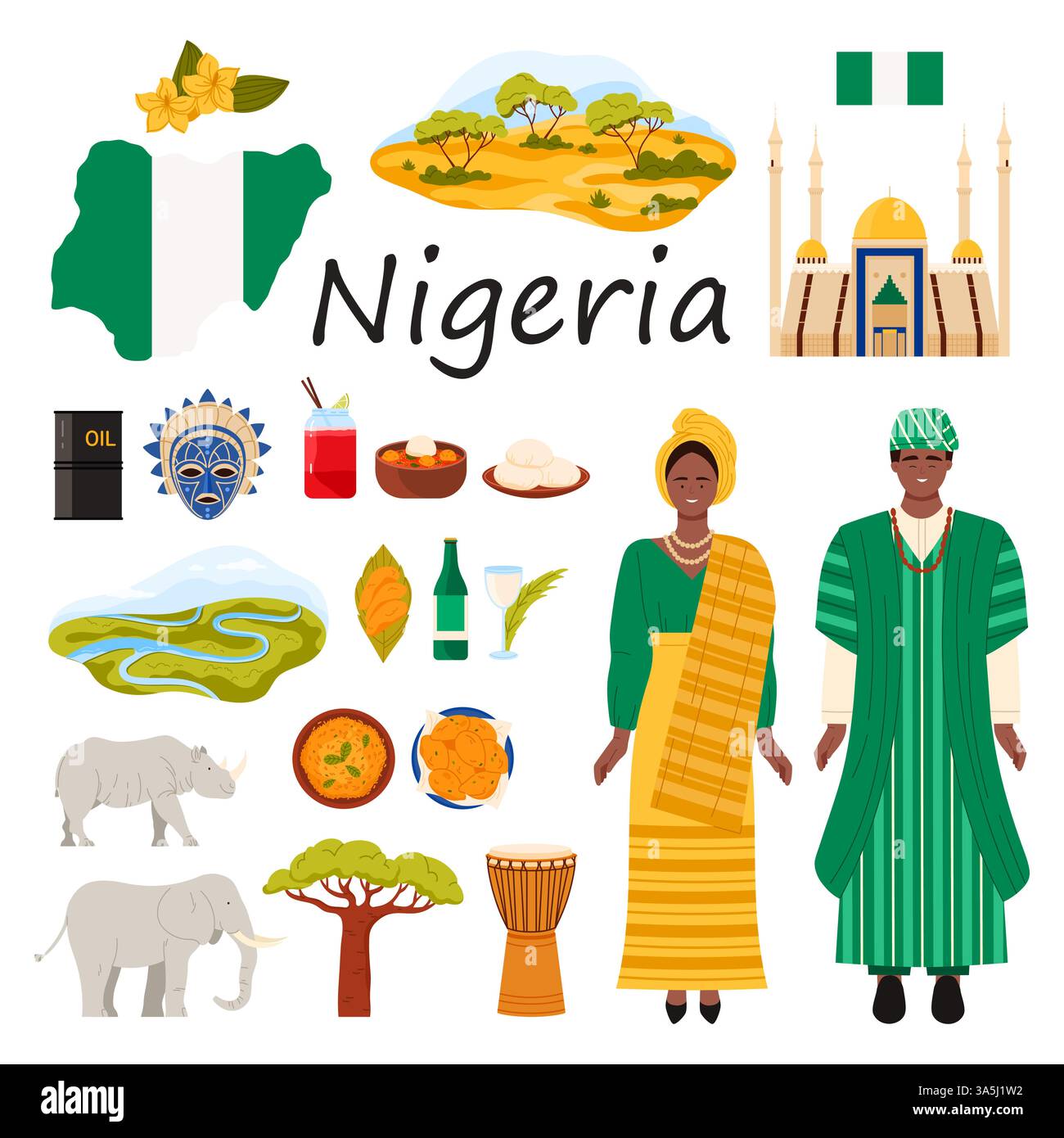 Travel to Nigeria infographic set with title, culture elements and ...