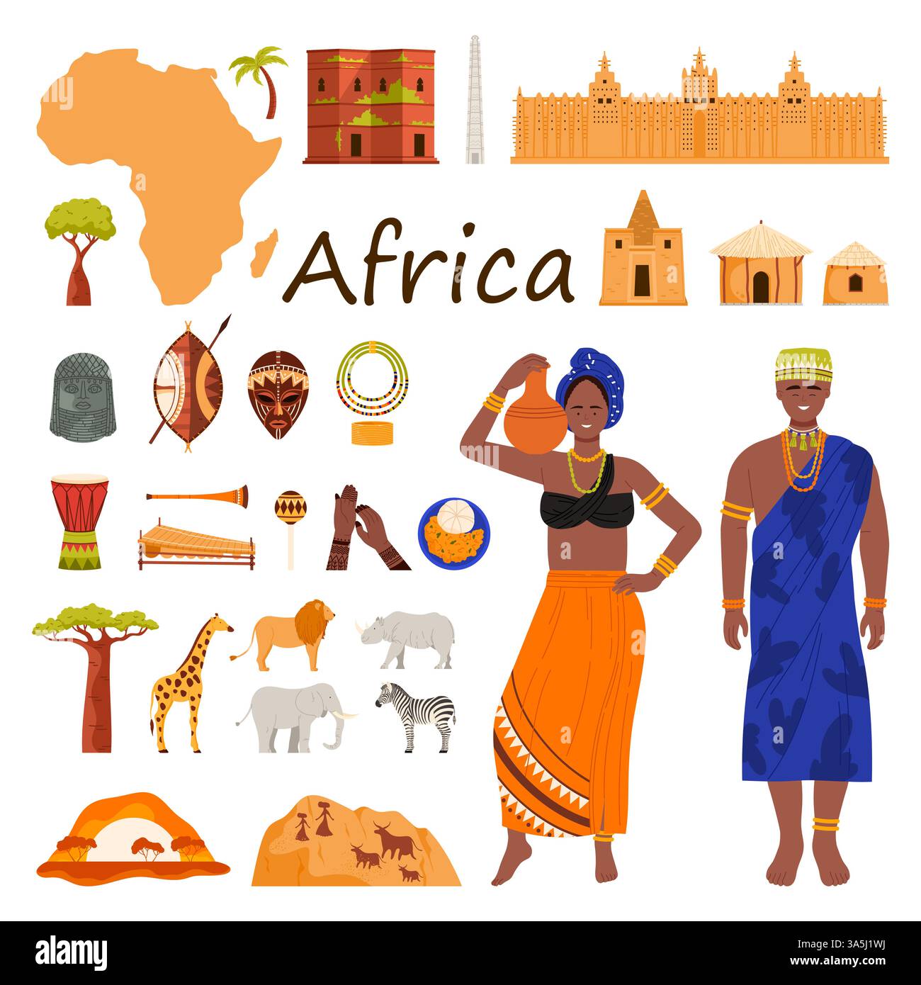 Africa culture, traditions, and iconic elements. Features African map ...