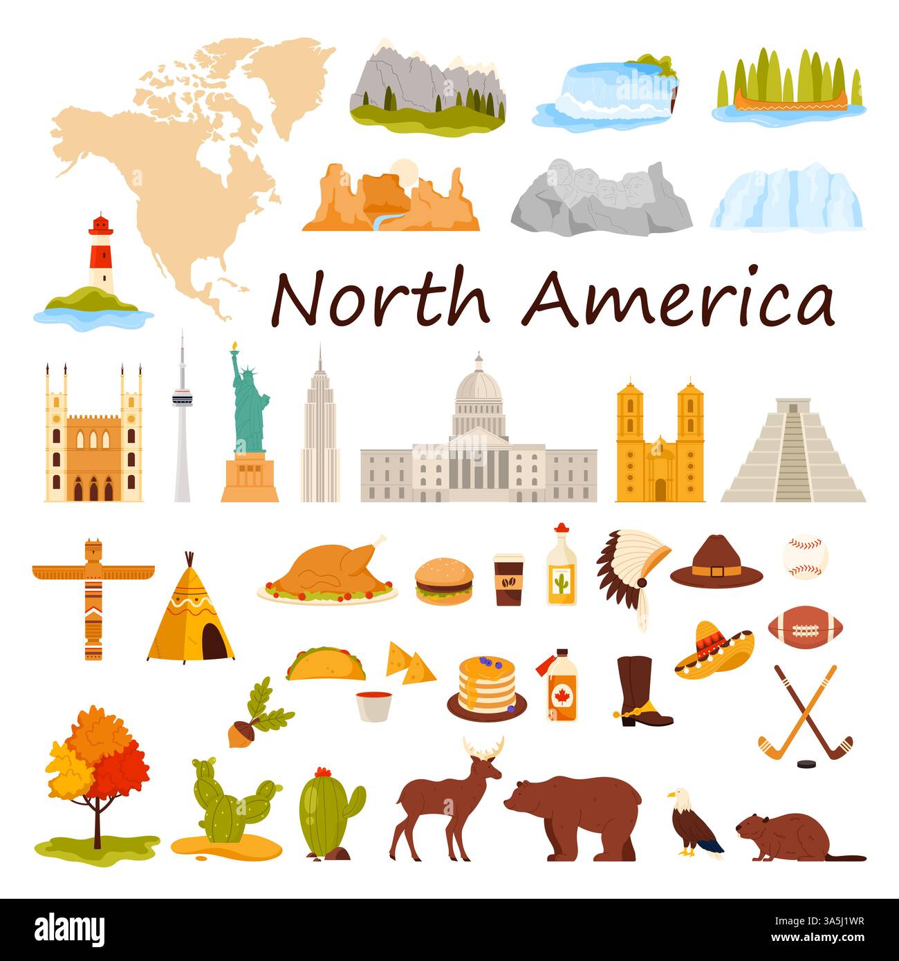 A colorful illustration showcasing North America diverse landscape ...