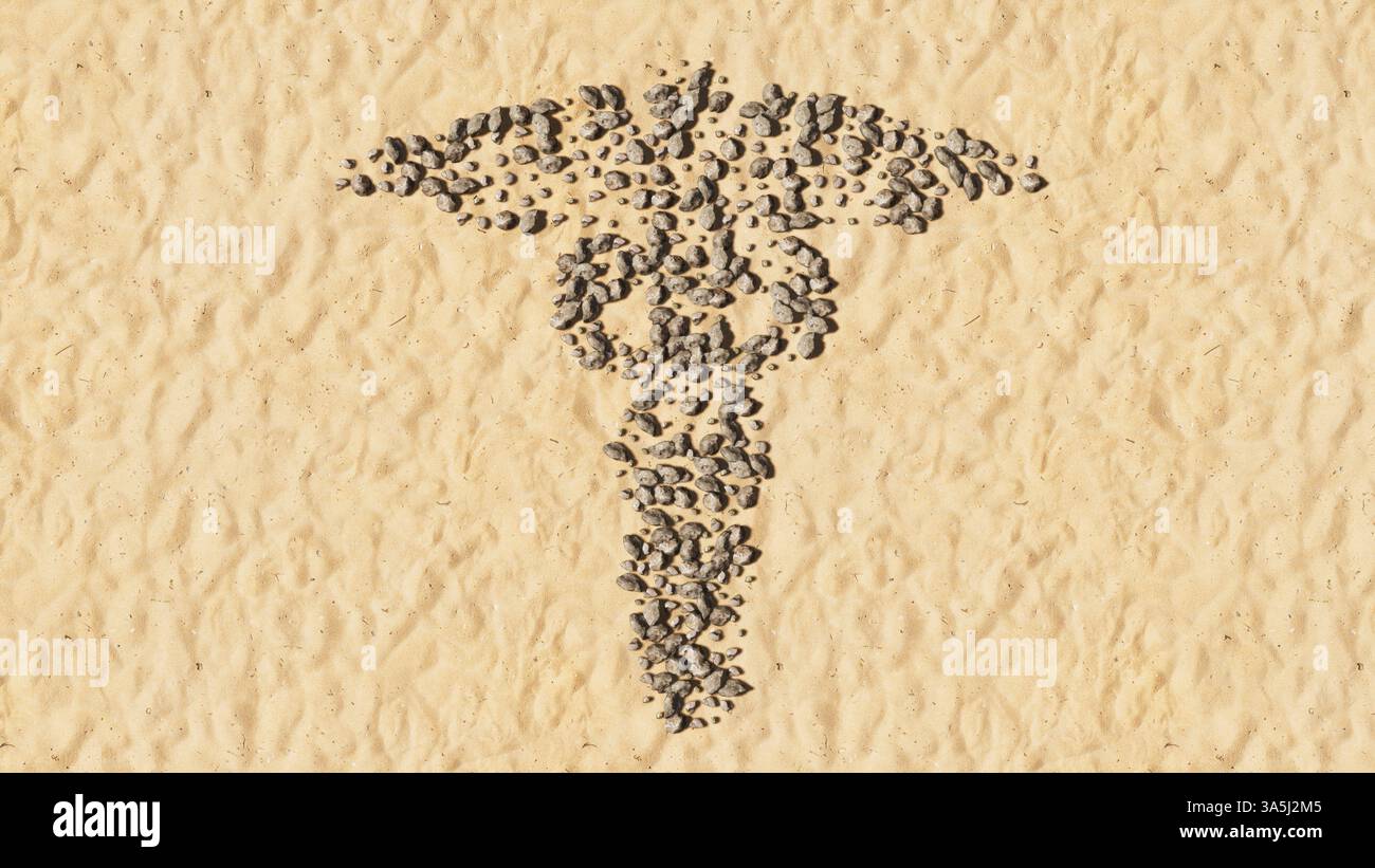 Concept conceptual stones on beach sand handmade symbol shape, golden ...