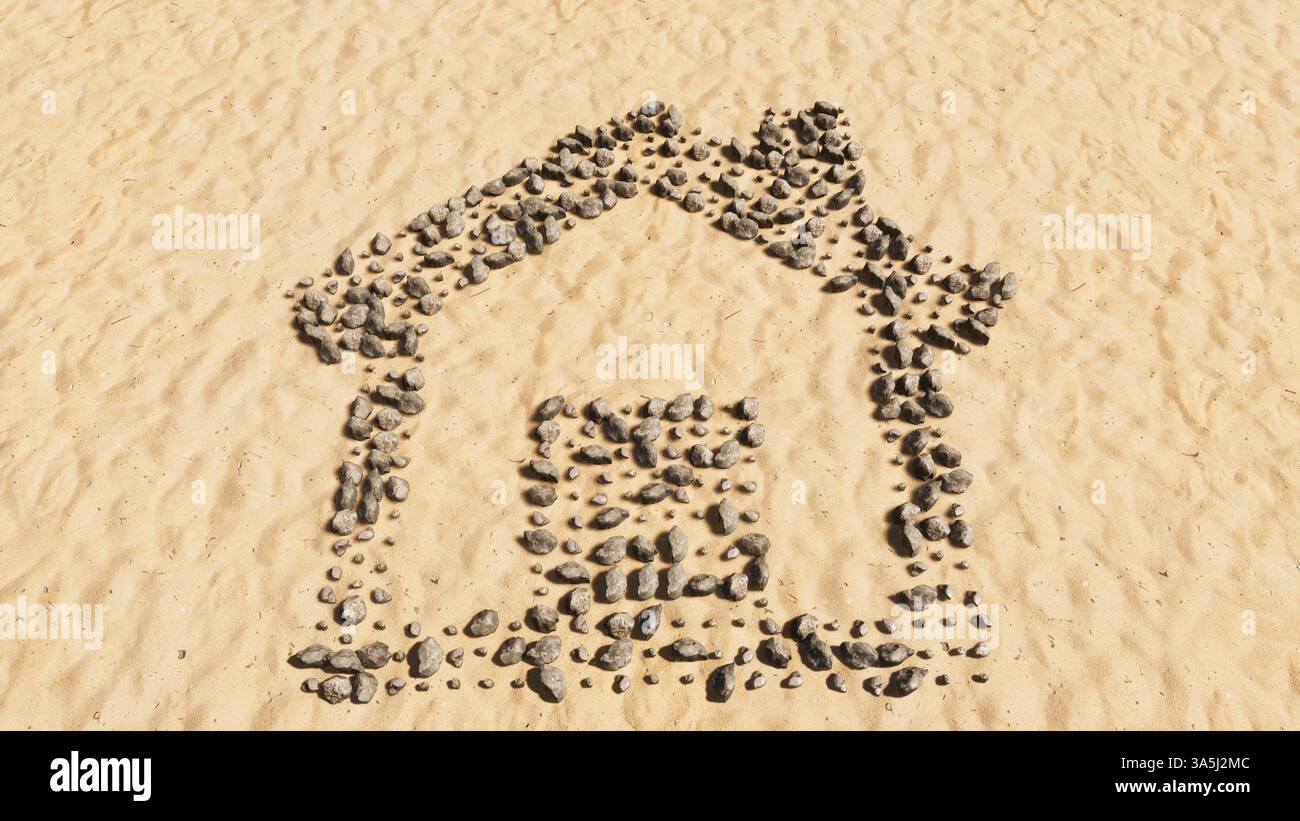 Concept conceptual stones on beach sand handmade symbol shape, golden ...