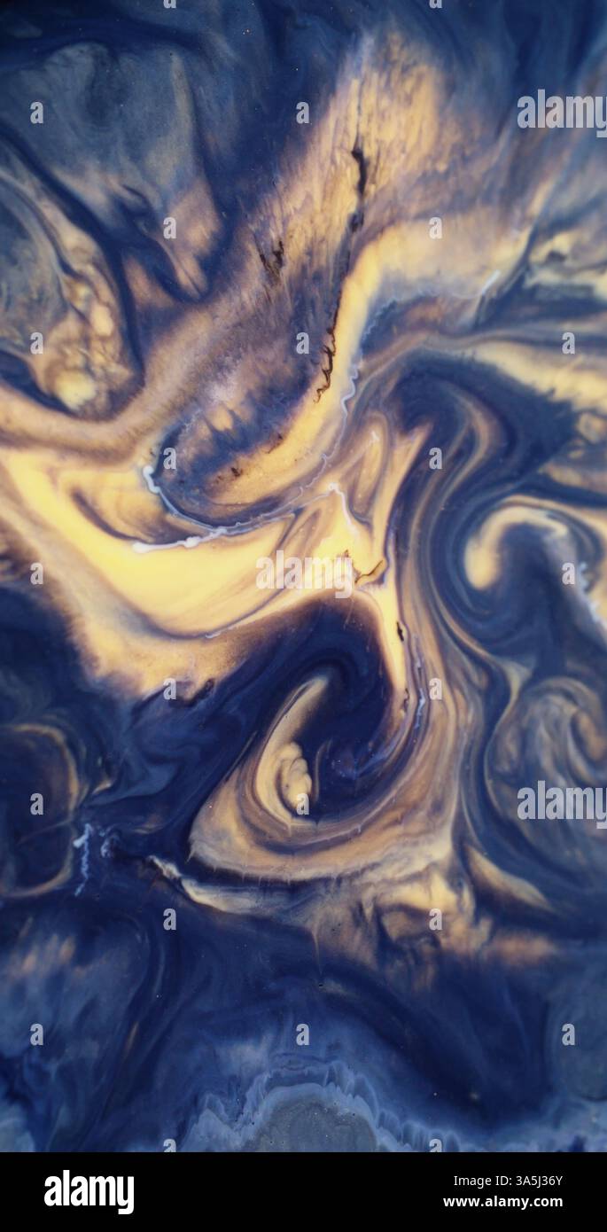 Acrylic pigment. Ripple ink. Defocused yellow golden blue color marble ...