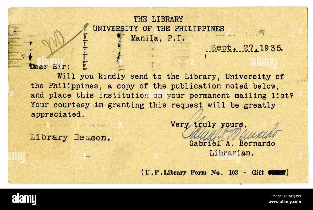 A postal card from the University of the Philippines requests to have ...