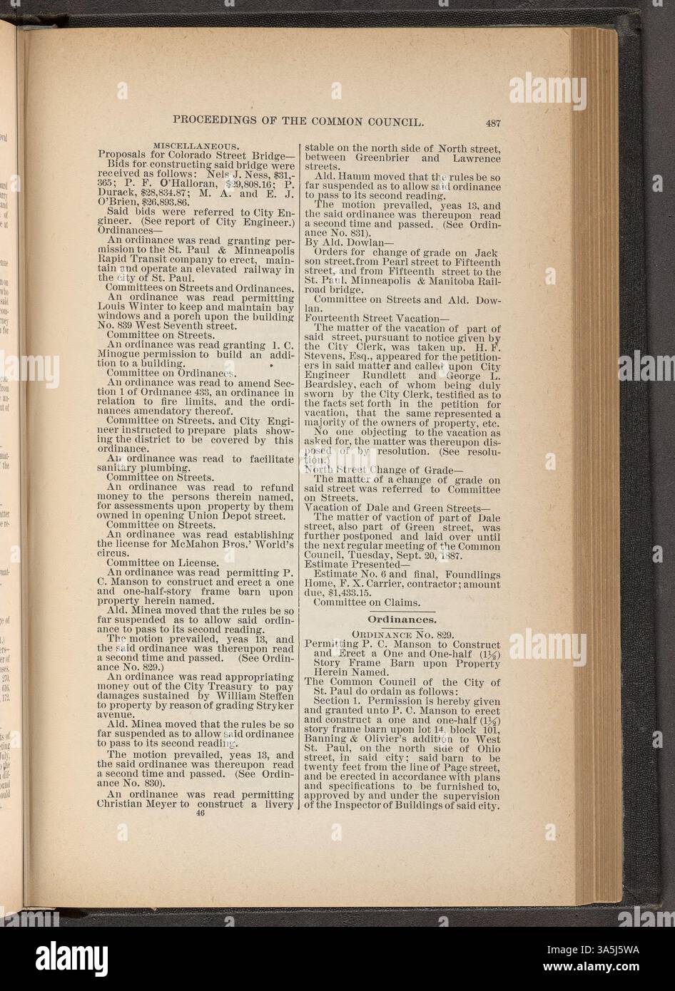 The document is a record of the actions taken by the Saint Paul City Council in 1887, providing ...