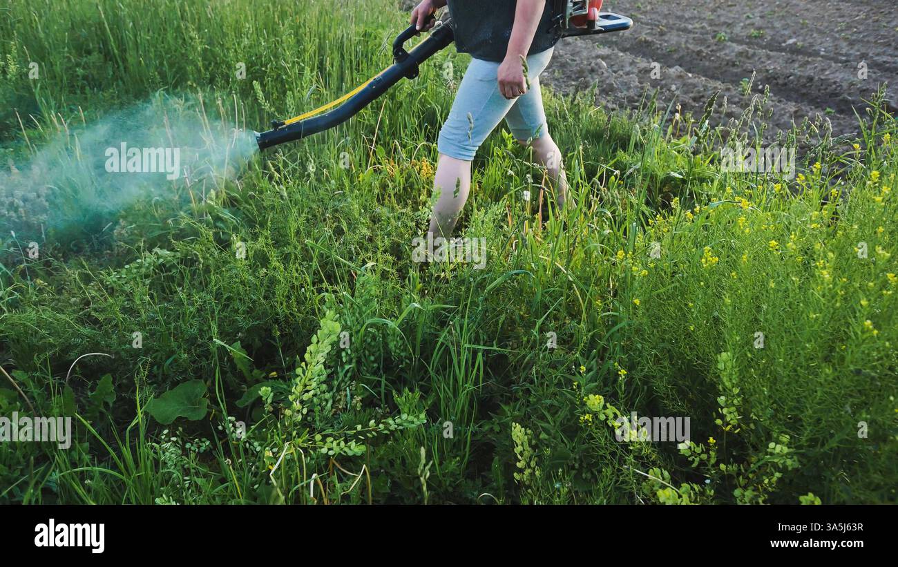 Farmer spraying herbicide on weeds growing in field Stock Photo - Alamy