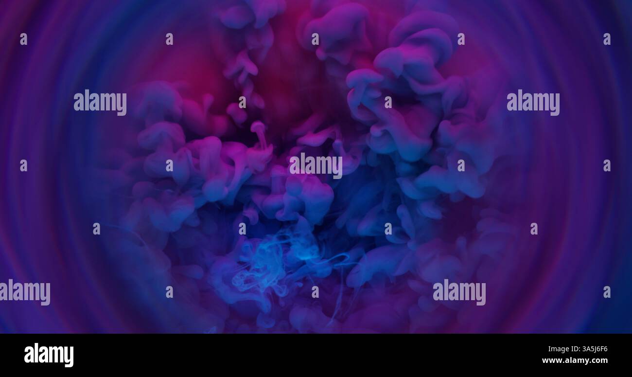 Fume explosion. Mist swirl. Colorful pigment ink wave mix spill. Violet ...