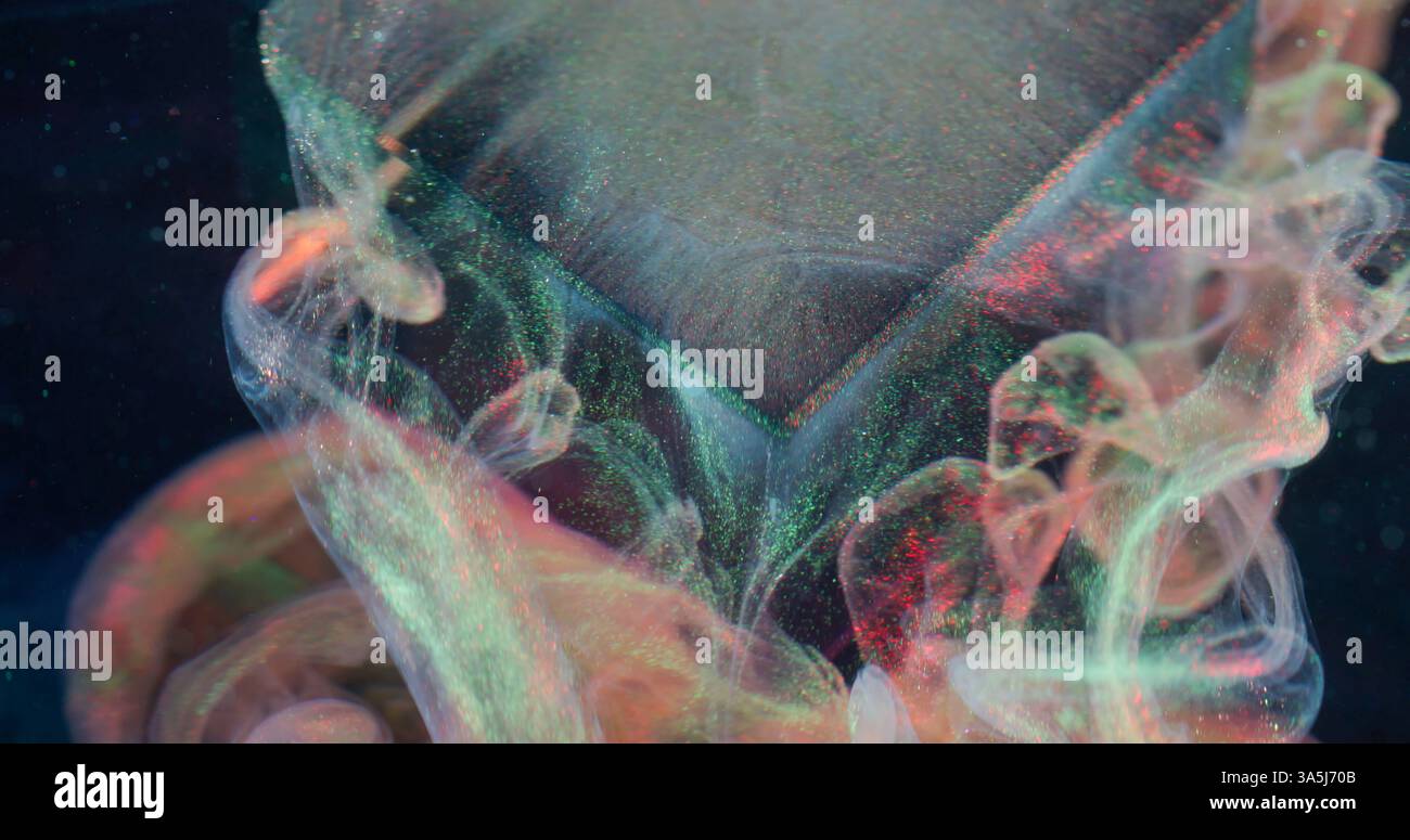 Shimmering liquid. Gloss wave. Transparent paint neon color veil ...