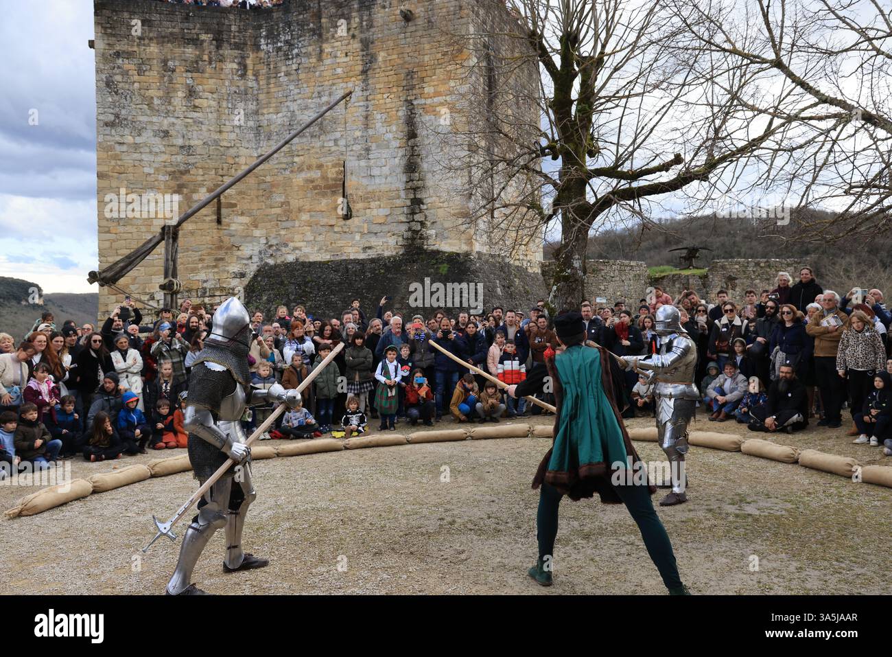 Lords in armor at the medieval castle of Castelnaud in Périgord, which ...