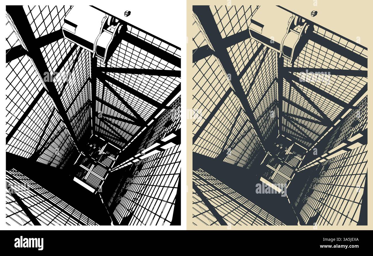 Cinematic view of deep elevator shaft. Caged industrial lift. Warehouse ...