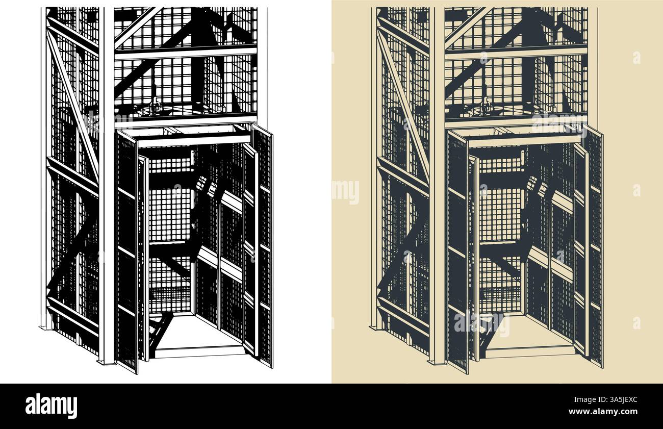 Caged industrial elevator. Warehouse cargo elevator stylized vector ...